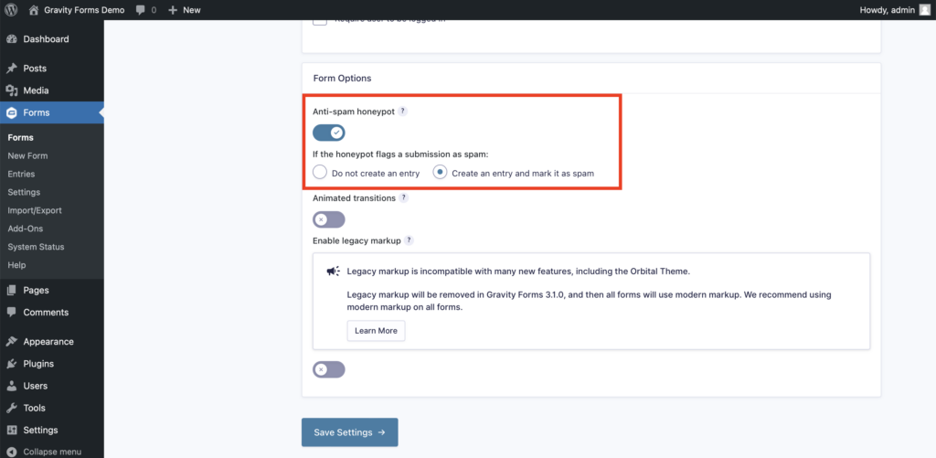 How to Enable Anti-Spam Honeypot for WordPress Forms - Gravity Forms