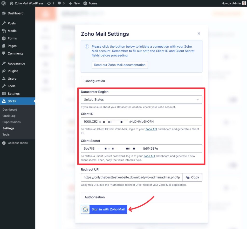 How to Configure WordPress to Send Email Using Zoho Mail - Gravity Forms